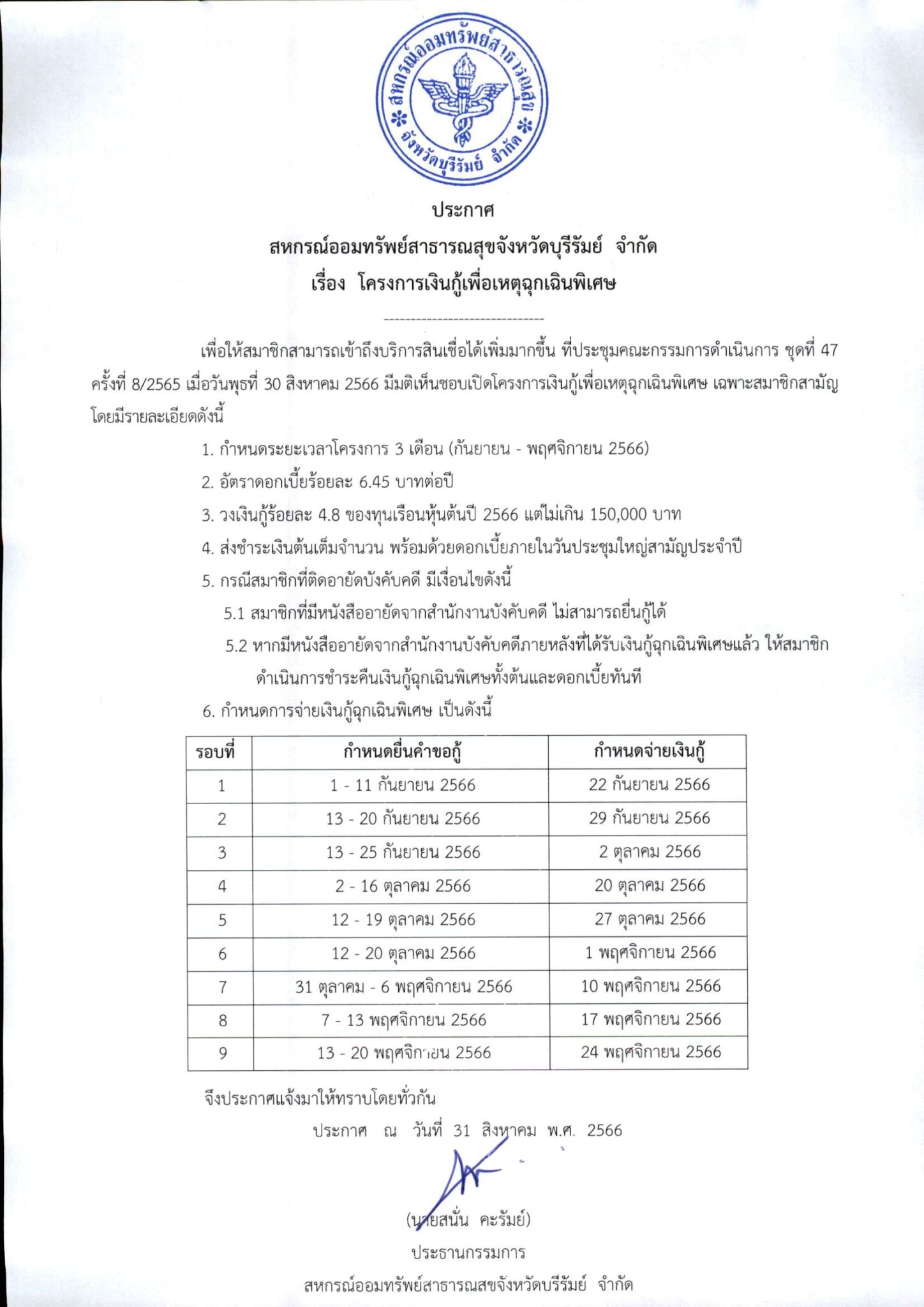 ประกาศสหกรณ์ เรื่อง โครงการเงินกู้เพื่อเหตุฉุกเฉินพิเศษ - BPPHSC