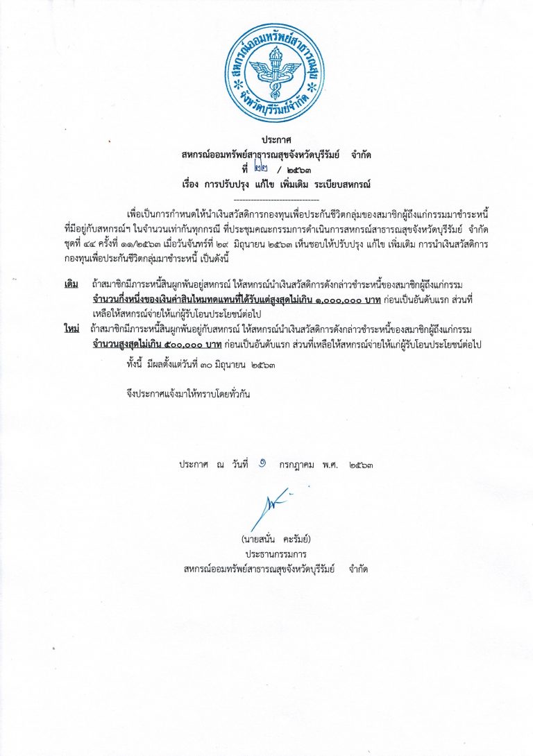 ประกาศสหกรณ์ที่ 22/2563 เรื่อง ปรับปรุง แก้ไข เพิ่มเติม ระเบียบสหกรณ์ - BPPHSC